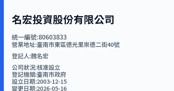 名宏投資股份有限公司的照片-統編 80603833(臺南市) 公司登記資料與營業項目詳細圖表