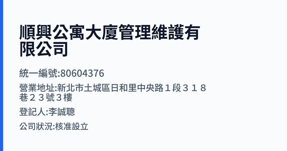 順興公寓大廈管理維護有限公司 - 統編 80604376(新北市) 公司登記資料與營業項目詳細圖表