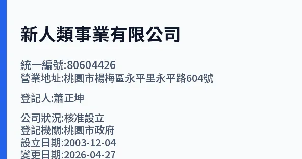 新人類事業有限公司的照片-統編 80604426(桃園市) 公司登記資料與營業項目詳細圖表