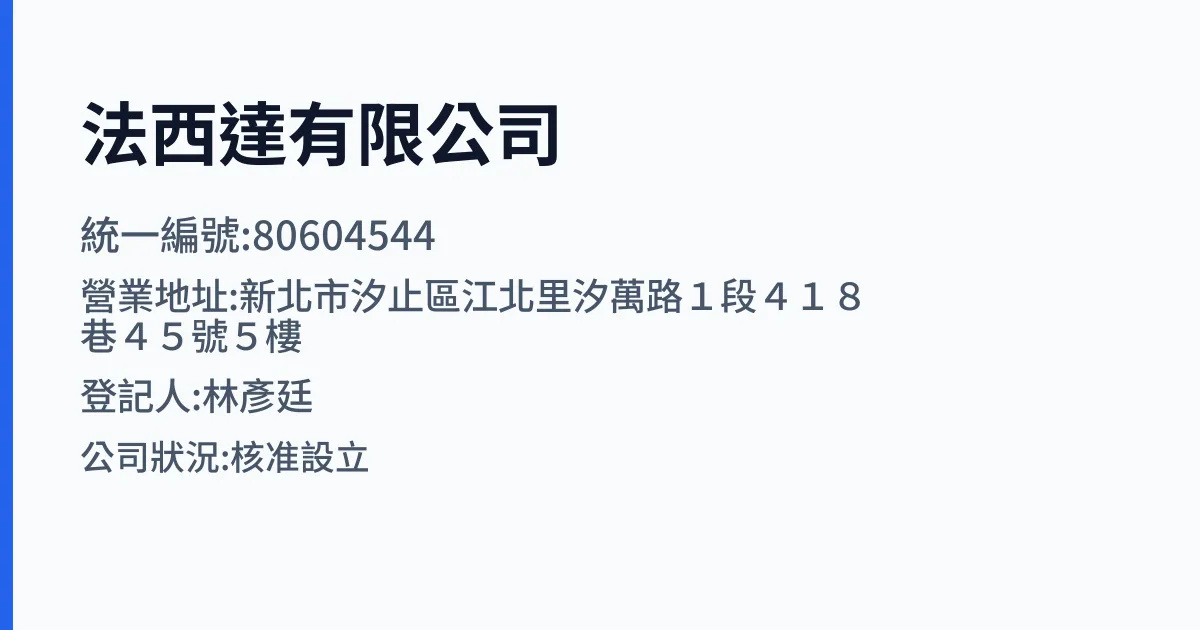 法西達有限公司 - 統編 80604544（新北市） 公司登記資料與營業項目詳細圖表