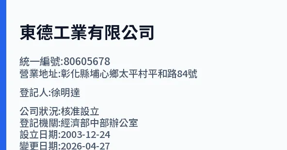 東德工業有限公司的照片-統編 80605678(彰化縣) 公司登記資料與營業項目詳細圖表