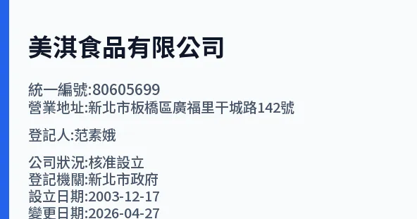美淇食品有限公司的照片-統編 80605699(新北市) 公司登記資料與營業項目詳細圖表