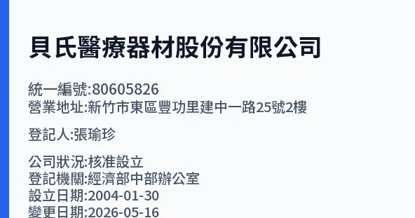 貝氏醫療器材股份有限公司的照片-統編 80605826(新竹市) 公司登記資料與營業項目詳細圖表