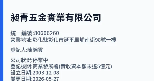 昶青五金實業有限公司的照片-統編 80606260(彰化縣) 公司登記資料與營業項目詳細圖表