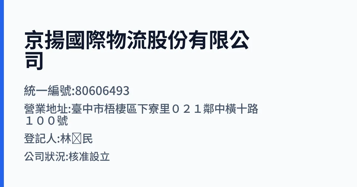 京揚國際物流股份有限公司 - 統編 80606493(臺中市) 公司登記資料與營業項目詳細圖表
