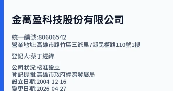 金萬盈科技股份有限公司的照片-統編 80606542(高雄市) 公司登記資料與營業項目詳細圖表