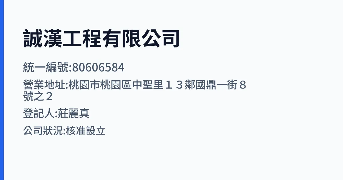 誠漢工程有限公司 - 統編 80606584(桃園市) 公司登記資料與營業項目詳細圖表
