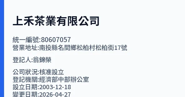 上禾茶業有限公司的照片-統編 80607057(南投縣) 公司登記資料與營業項目詳細圖表