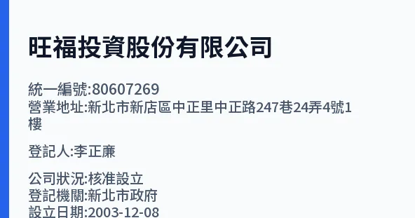 旺福投資股份有限公司的照片-統編 80607269(新北市) 公司登記資料與營業項目詳細圖表