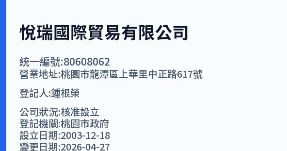 悅瑞國際貿易有限公司的照片-統編 80608062(桃園市) 公司登記資料與營業項目詳細圖表