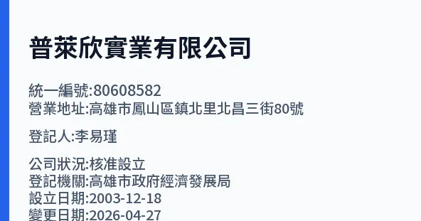 普萊欣實業有限公司的照片-統編 80608582(高雄市) 公司登記資料與營業項目詳細圖表