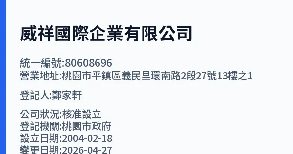 威祥國際企業有限公司的照片-統編 80608696(桃園市) 公司登記資料與營業項目詳細圖表