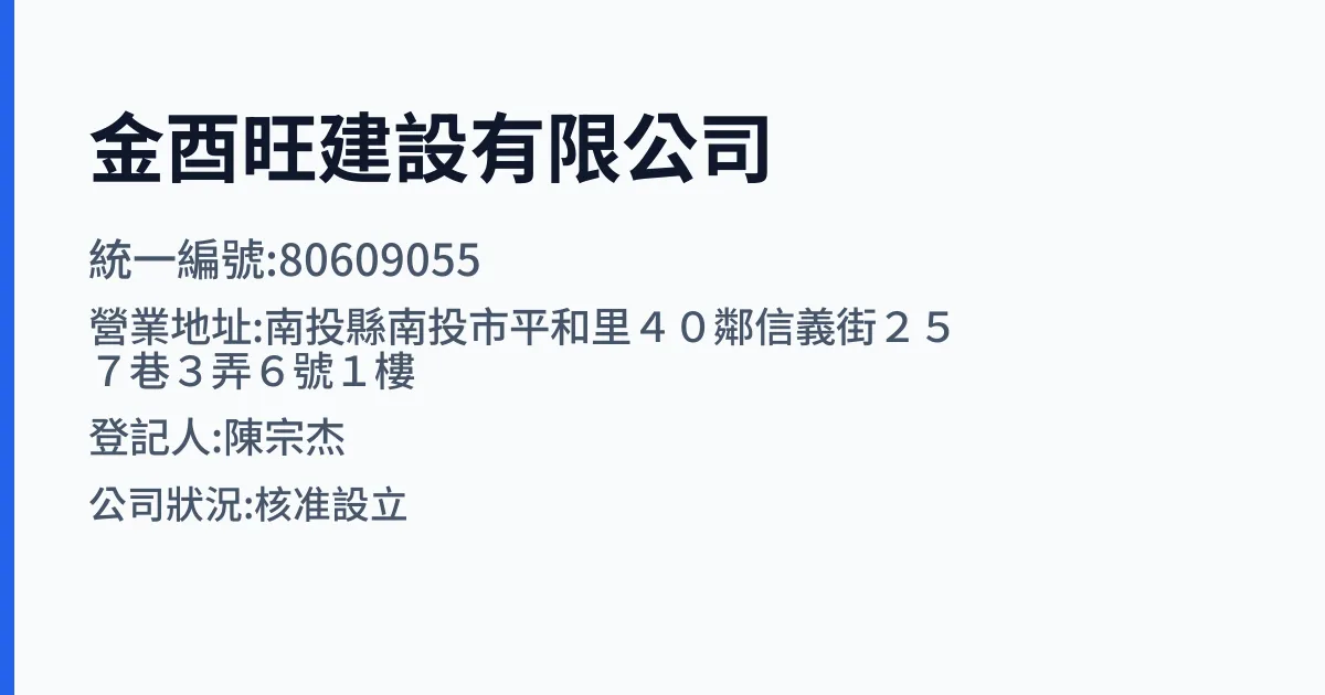 金酉旺建設有限公司 - 統編 80609055(南投縣) 公司登記資料與營業項目詳細圖表