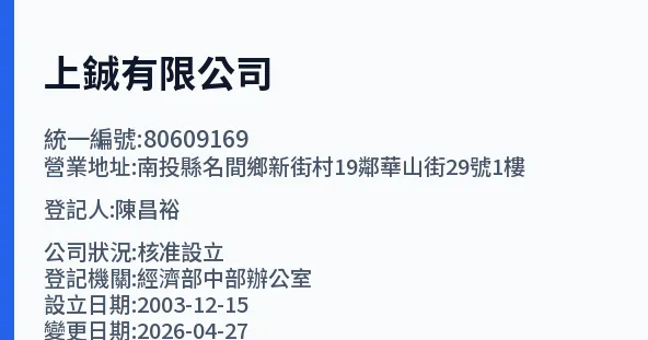 上鋮有限公司的照片-統編 80609169(南投縣) 公司登記資料與營業項目詳細圖表