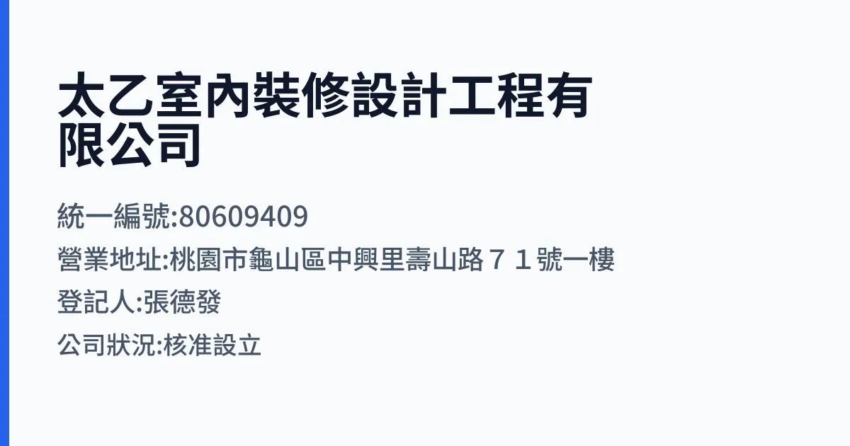 太乙室內裝修設計工程有限公司 - 統編 80609409(桃園市) 公司登記資料與營業項目詳細圖表