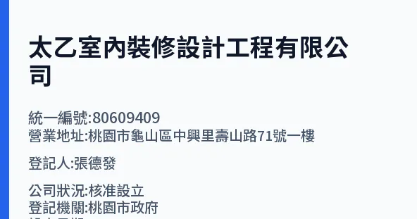 太乙室內裝修設計工程有限公司的照片-統編 80609409(桃園市) 公司登記資料與營業項目詳細圖表