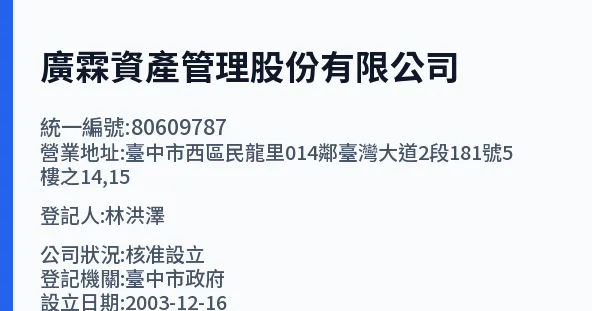 廣霖資產管理股份有限公司的照片-統編 80609787(臺中市) 公司登記資料與營業項目詳細圖表