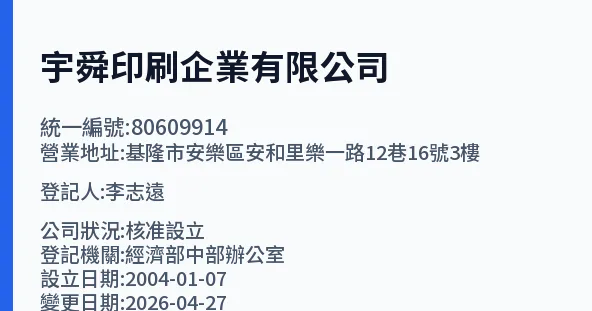 宇舜印刷企業有限公司的照片-統編 80609914(基隆市) 公司登記資料與營業項目詳細圖表