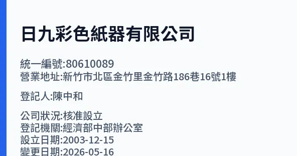 日九彩色紙器有限公司的照片-統編 80610089(新竹市) 公司登記資料與營業項目詳細圖表