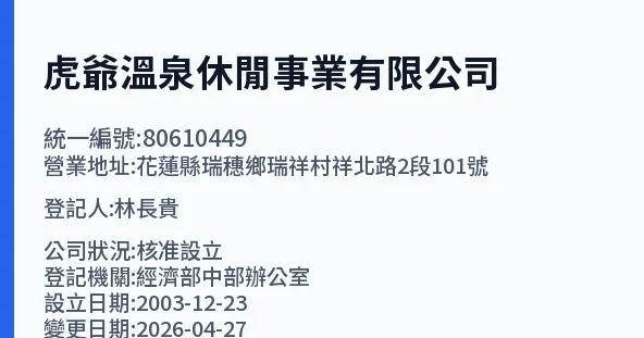 虎爺溫泉休閒事業有限公司的照片-統編 80610449(花蓮縣) 公司登記資料與營業項目詳細圖表