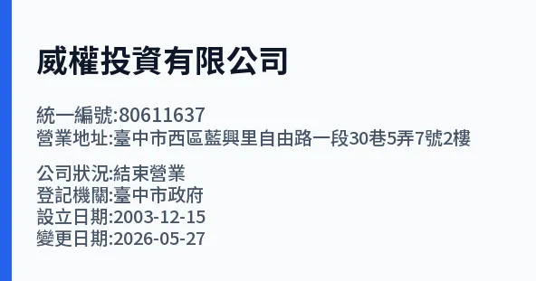 威權投資有限公司的照片-統編 80611637(臺中市) 公司登記資料與營業項目詳細圖表