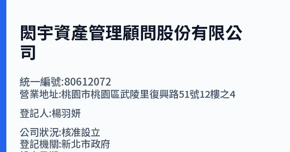 閎宇資產管理顧問股份有限公司的照片-統編 80612072(桃園市) 公司登記資料與營業項目詳細圖表