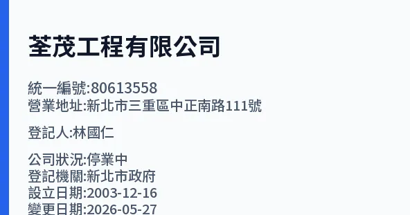 荃茂工程有限公司的照片-統編 80613558(新北市) 公司登記資料與營業項目詳細圖表