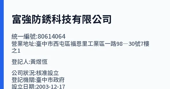 富強防銹科技有限公司的照片-統編 80614064(臺中市) 公司登記資料與營業項目詳細圖表