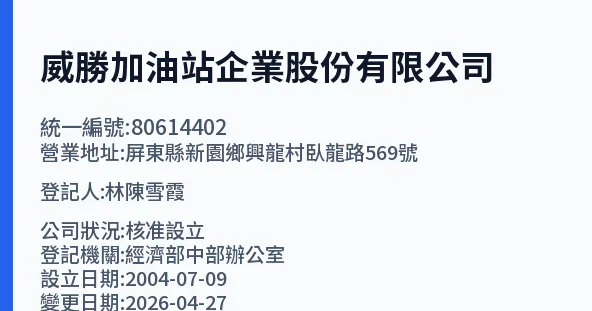 威勝加油站企業股份有限公司的照片-統編 80614402(屏東縣) 公司登記資料與營業項目詳細圖表