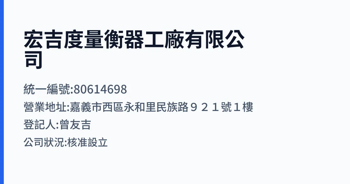 宏吉度量衡器工廠有限公司 - 統編 80614698(嘉義市) 公司登記資料與營業項目詳細圖表