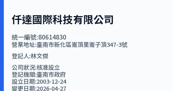 仟達國際科技有限公司的照片-統編 80614830(臺南市) 公司登記資料與營業項目詳細圖表