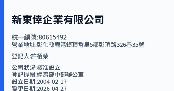 新東倖企業有限公司的照片-統編 80615492(彰化縣) 公司登記資料與營業項目詳細圖表