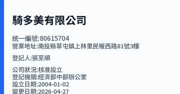 騎多美有限公司的照片-統編 80615704(南投縣) 公司登記資料與營業項目詳細圖表