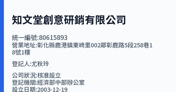 知文堂創意研銷有限公司的照片-統編 80615893(彰化縣) 公司登記資料與營業項目詳細圖表