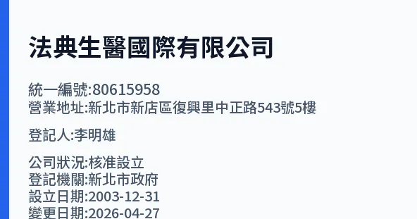 法典生醫國際有限公司的照片-統編 80615958(新北市) 公司登記資料與營業項目詳細圖表