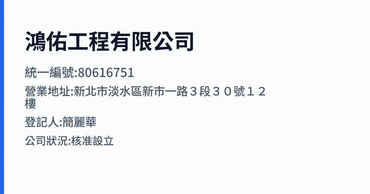 鴻佑工程有限公司 - 統編 80616751(新北市) 公司登記資料與營業項目詳細圖表