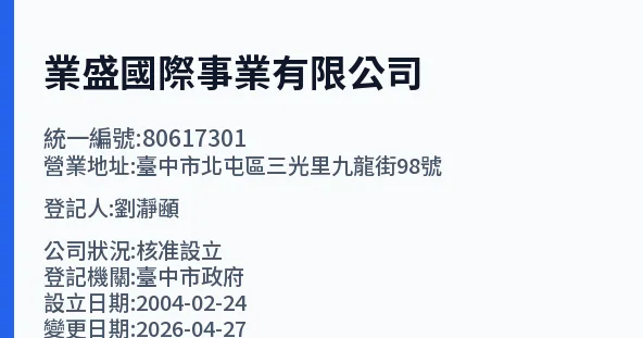 業盛國際事業有限公司的照片-統編 80617301(臺中市) 公司登記資料與營業項目詳細圖表