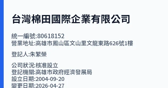 台灣棉田國際企業有限公司的照片-統編 80618152(高雄市) 公司登記資料與營業項目詳細圖表