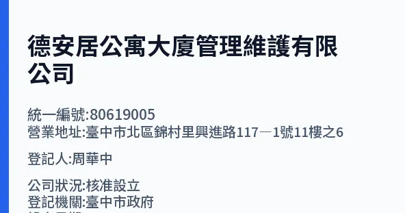 德安居公寓大廈管理維護有限公司的照片-統編 80619005(臺中市) 公司登記資料與營業項目詳細圖表