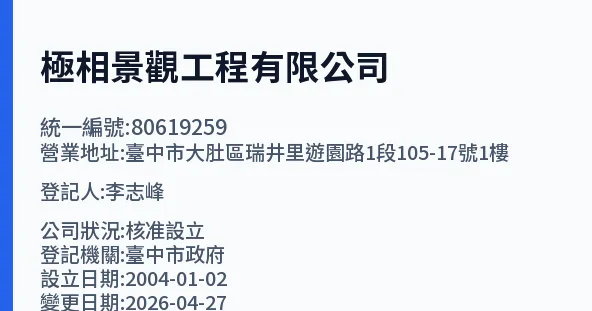 極相景觀工程有限公司的照片-統編 80619259(臺中市) 公司登記資料與營業項目詳細圖表
