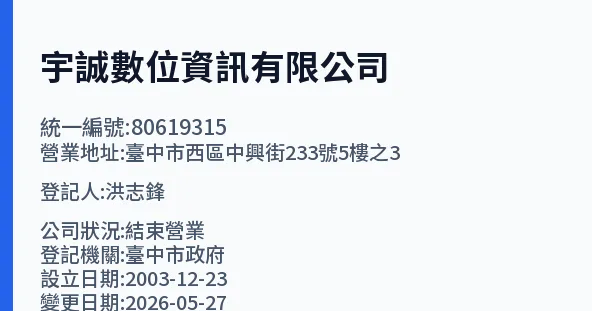 宇誠數位資訊有限公司的照片-統編 80619315(臺中市) 公司登記資料與營業項目詳細圖表