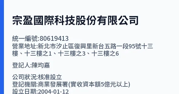 宗盈國際科技股份有限公司的照片-統編 80619413(新北市) 公司登記資料與營業項目詳細圖表