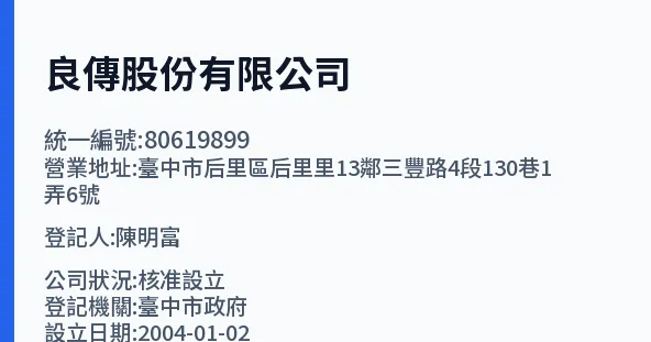 良傳股份有限公司的照片-統編 80619899(臺中市) 公司登記資料與營業項目詳細圖表