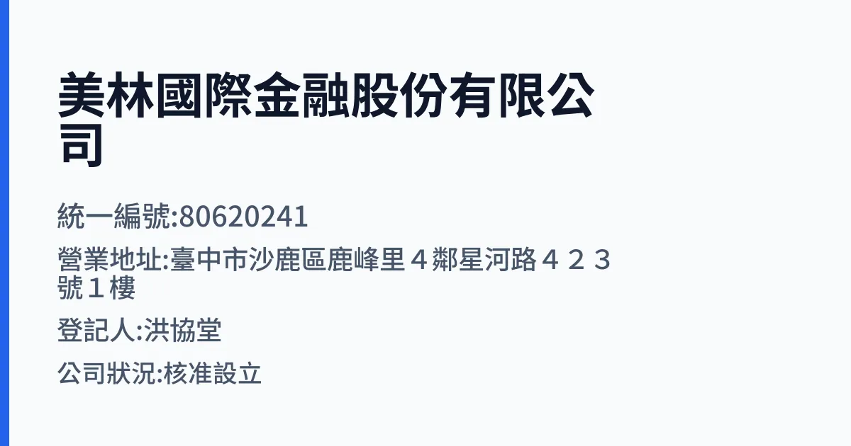 美林國際金融股份有限公司 - 統編 80620241(臺中市) 公司登記資料與營業項目詳細圖表