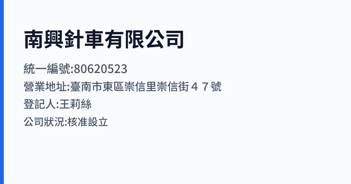 南興針車有限公司 - 統編 80620523(臺南市) 公司登記資料與營業項目詳細圖表