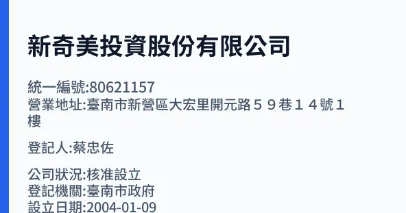新奇美投資股份有限公司的照片-統編 80621157(臺南市) 公司登記資料與營業項目詳細圖表