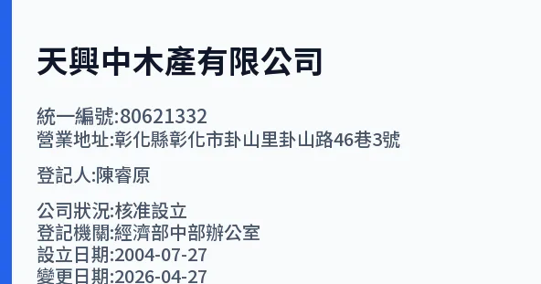 天興中木產有限公司的照片-統編 80621332(彰化縣) 公司登記資料與營業項目詳細圖表