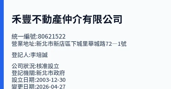 禾豐不動產仲介有限公司的照片-統編 80621522(新北市) 公司登記資料與營業項目詳細圖表