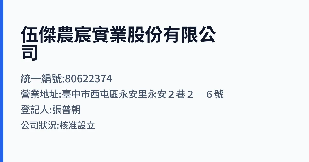 伍傑農宸實業股份有限公司 - 統編 80622374(臺中市) 公司登記資料與營業項目詳細圖表
