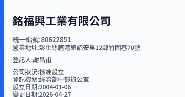銘福興工業有限公司的照片-統編 80622851(彰化縣) 公司登記資料與營業項目詳細圖表
